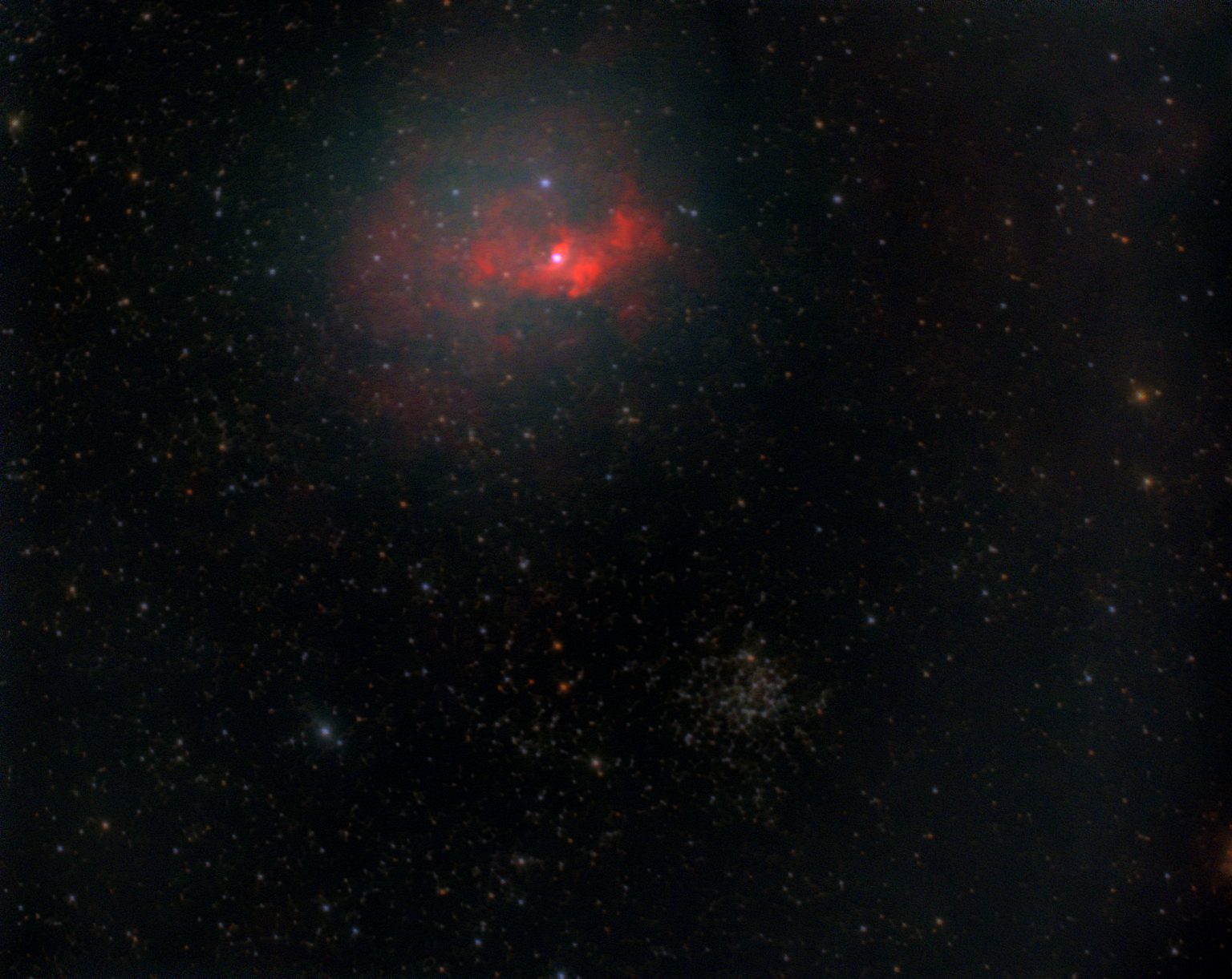Bubble Nebula with M52 – Wolf Run Observatory